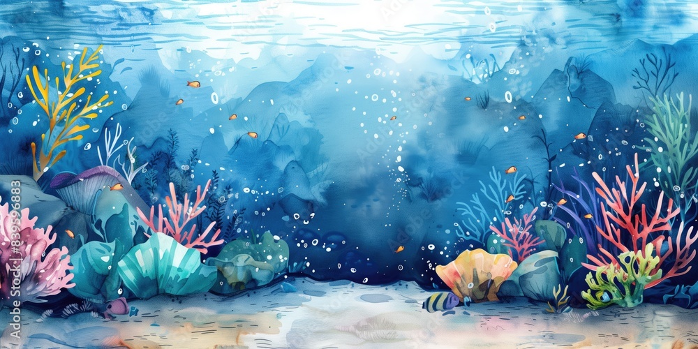 Underwater Landscape Watercolor Illustration. Drawing of Seafloor ...