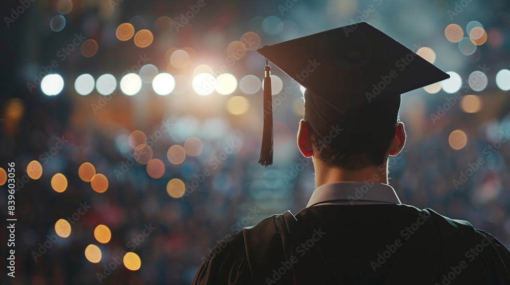 male student wearing graduation cap and gown at the university, back ...