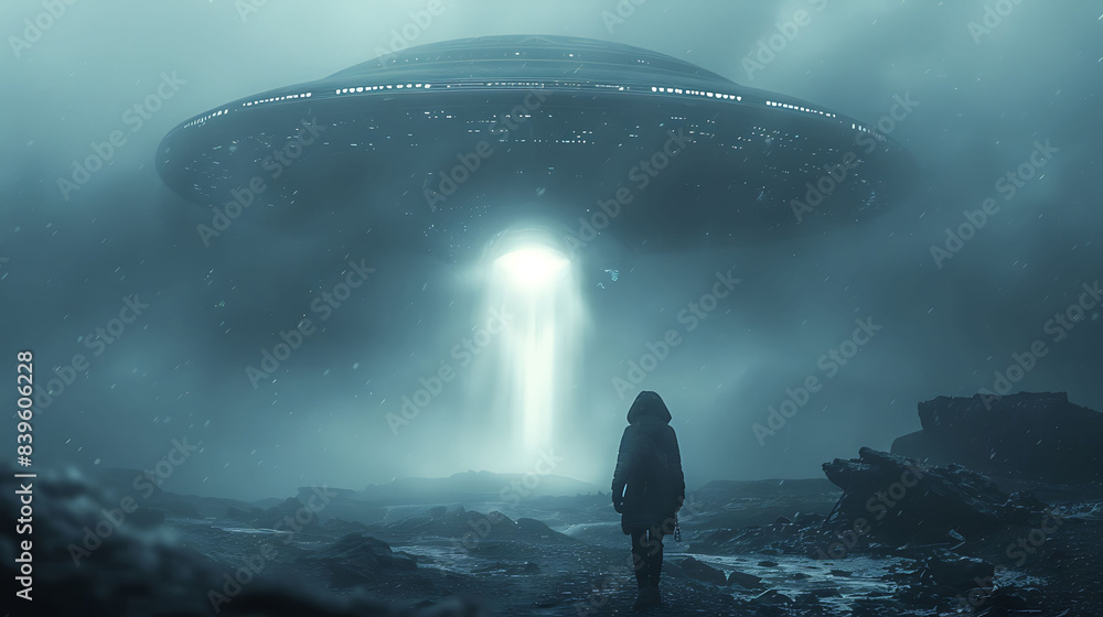 alien abduction scene with a beam of light pulling a person into a ...