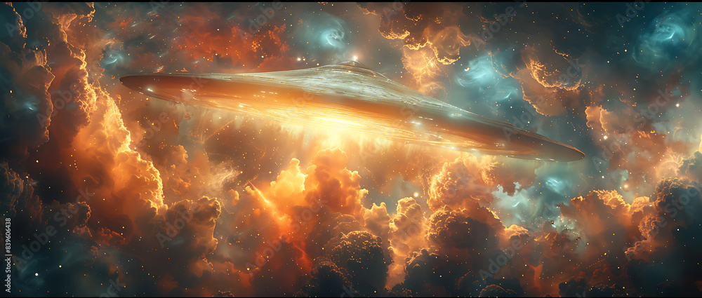 alien UFO appearing through a dimensional portal in the sky with ...