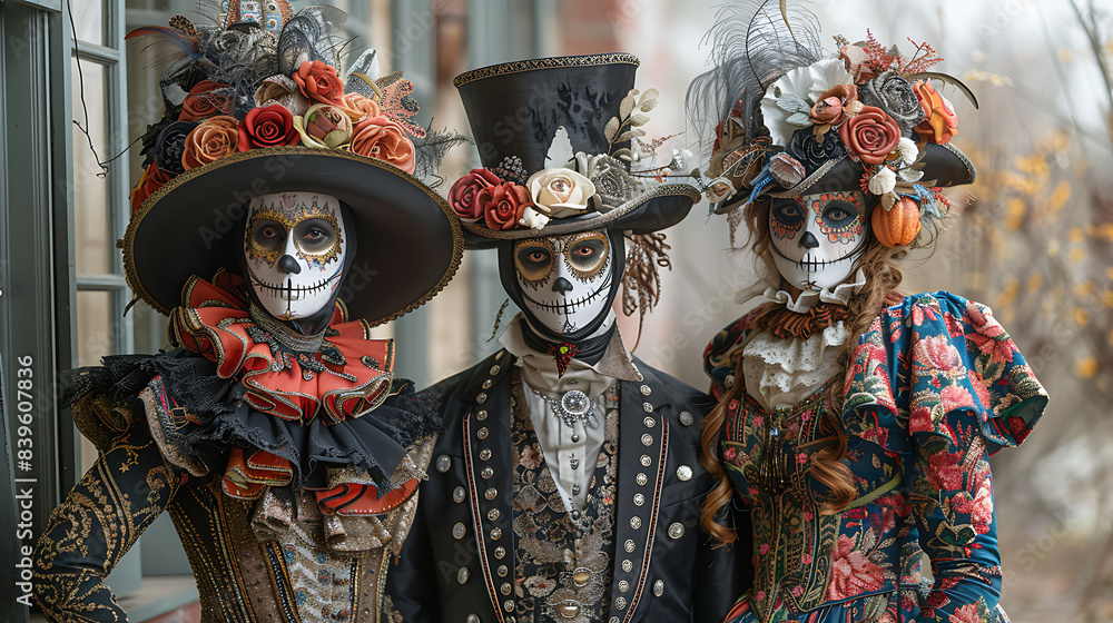 indoor Halloween costume party with guests dressed in elaborate ...