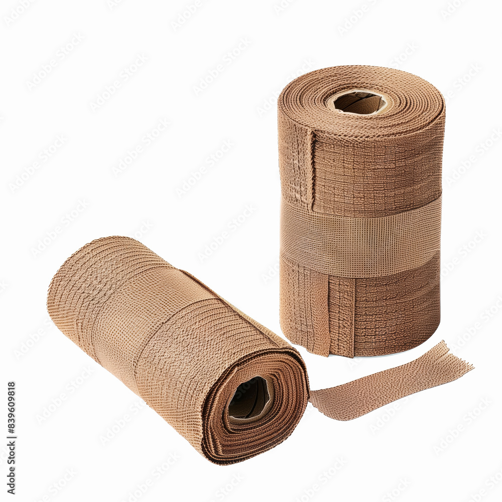 Two rolls of elastic medical bandages one partially unrolled suggesting ...