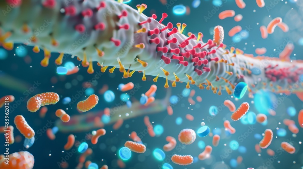 Colorful 3D illustration of bacteria and viruses, microscopic view ...