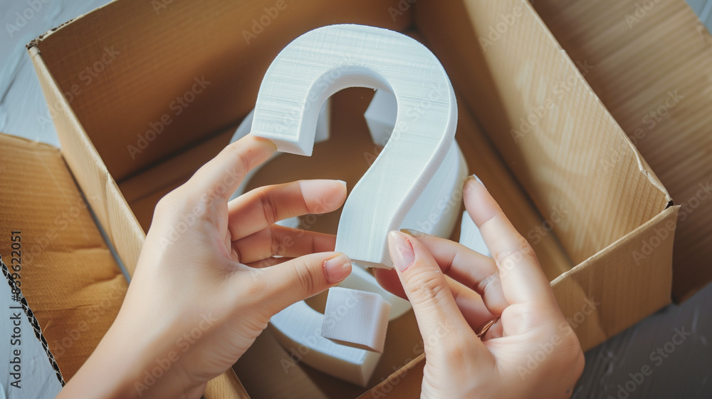 Hands folding a three-dimensional white 3D printed question mark inside ...