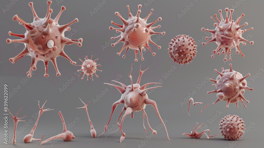 3D illustration of various virus models with different structures on a ...