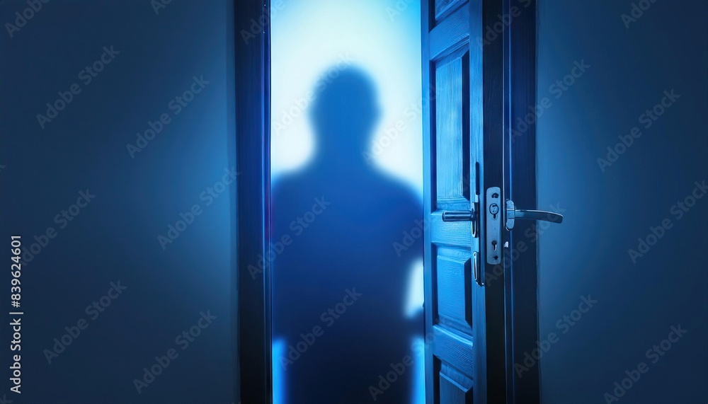 Blurred shadow in blue light outside the door. The concept of ...