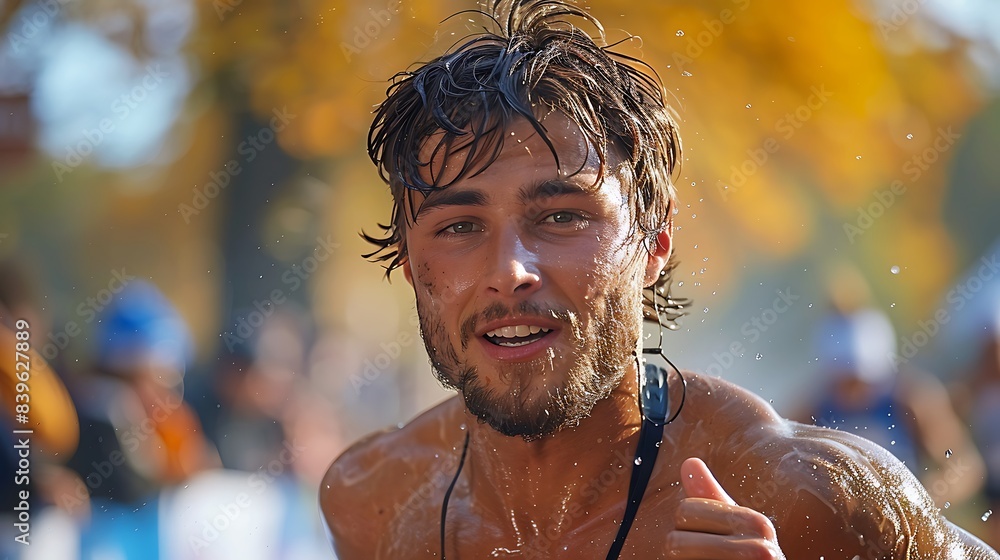 male runner crossing the finish line of a marathon his face contorted ...