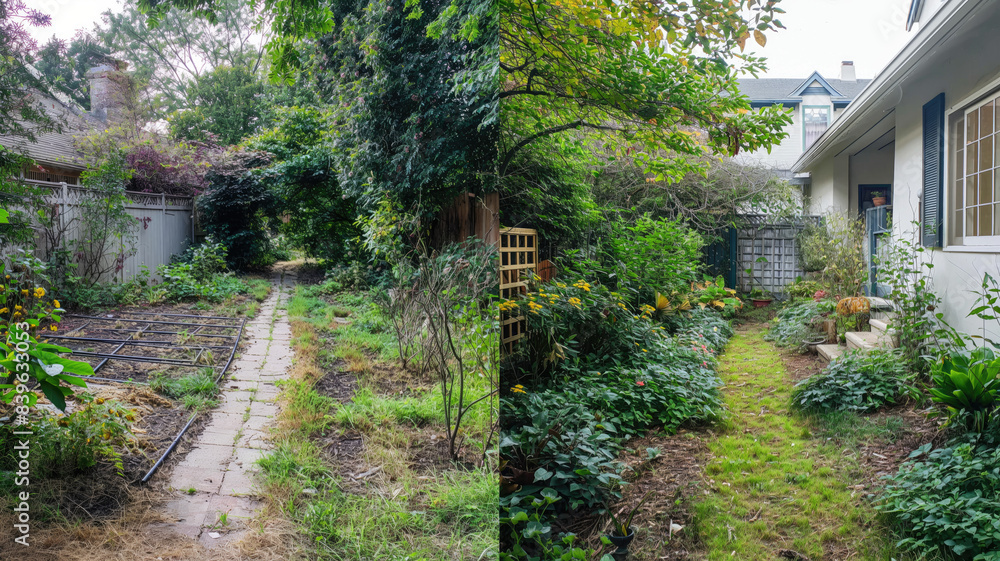 Before and after images of an overgrown garden transformation ...