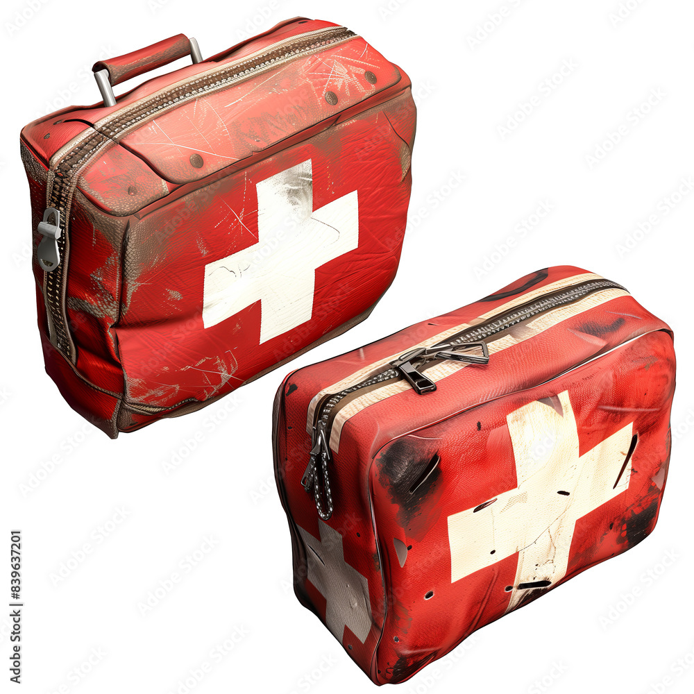 Red first aid kits with visible wear and tear for emergency healthcare ...