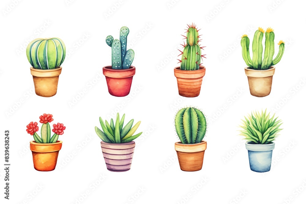 Collection of watercolor cacti and succulent plants in pots. Perfect ...