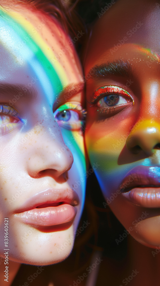 Gen Z white woman and black female models touching faces together ...
