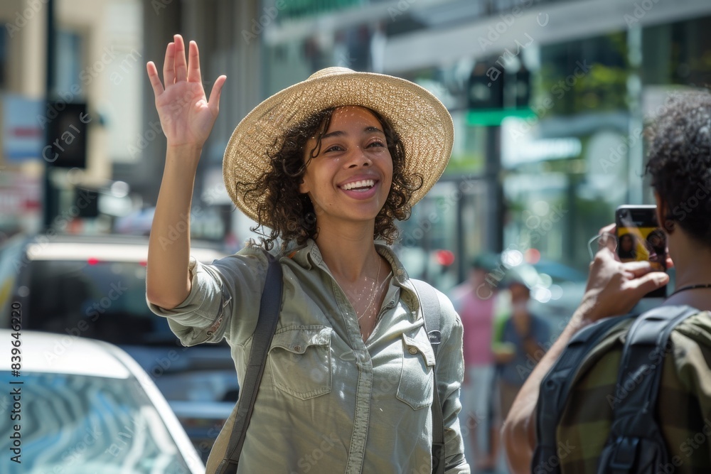 A woman waving to someone outside of the modern museum, holding her ...