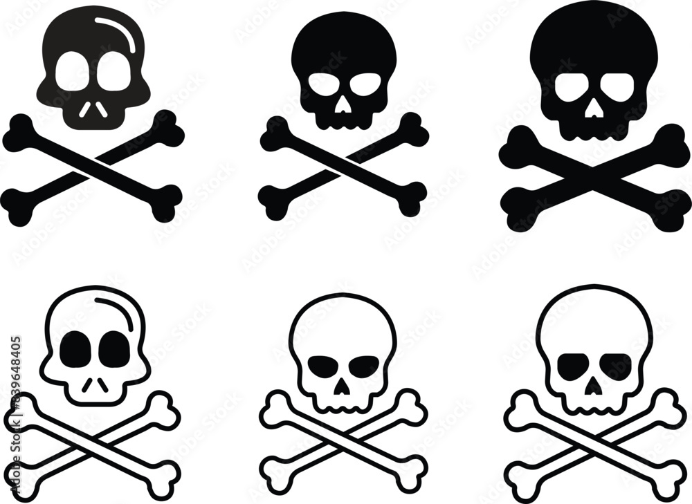 Set of Black Death, danger or poison flat icons. Crossbones Skull Human ...