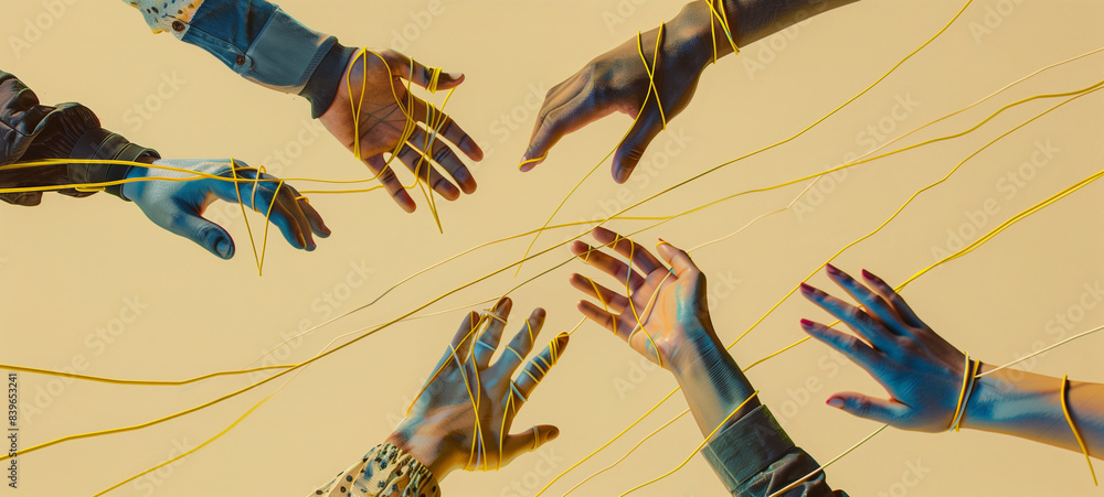 Multiple hands reaching towards each other, connected by yellow strings ...