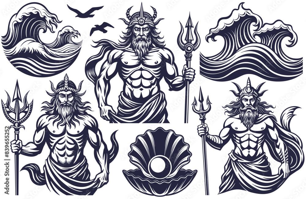Linocut set of Poseidon, collection with mythological sea god, wave ...