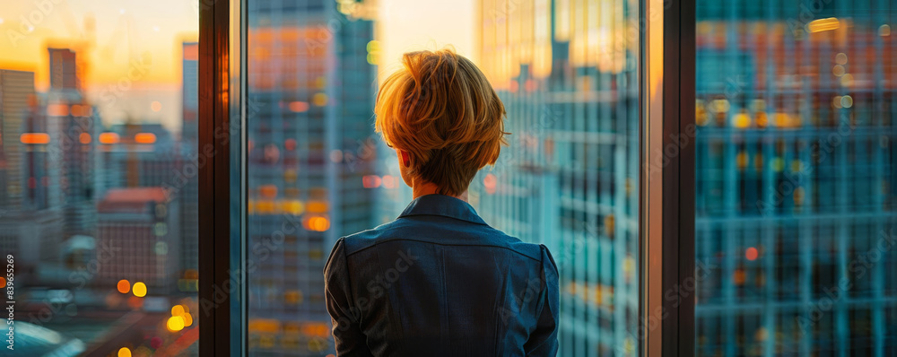Person looking out the window of a high-rise office building ...