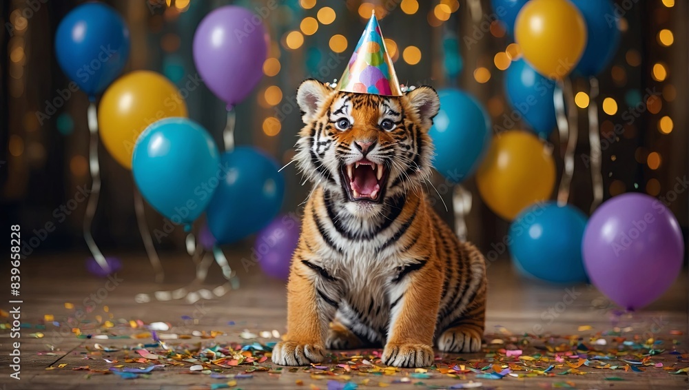 little tiger with open wide mouth surprised wearing a party hat ...
