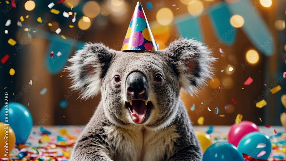koala with open wide mouth surprised wearing a party hat celebrating at ...
