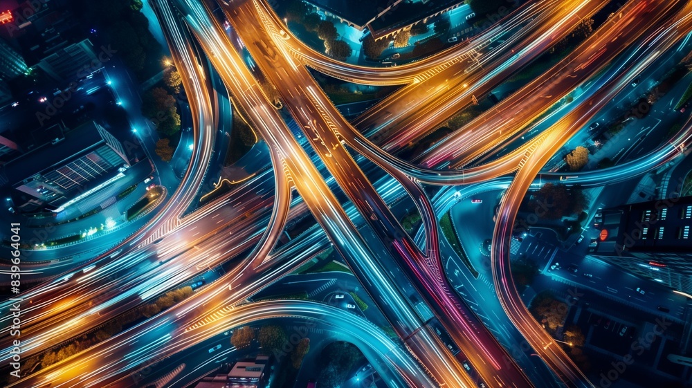 A cityscape with a large intersection and a lot of traffic. The image ...