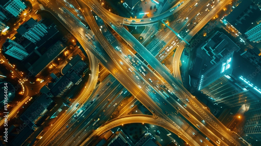 A cityscape with a large intersection and a lot of traffic. The image ...