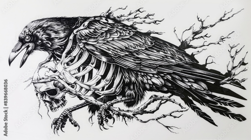 line based stipple shaded tattoo flash of a crow with its skeleton ...