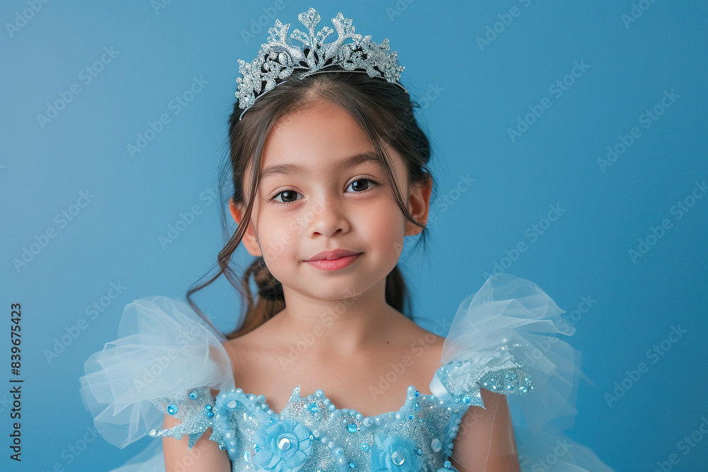 Hispanic 8 years old girl in crown, studio Beauty pageant portrait ...