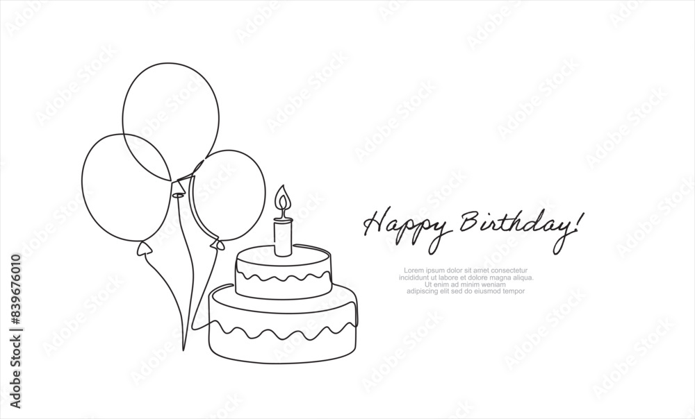 Birthday cake in continuous line art drawing style. Traditional ...