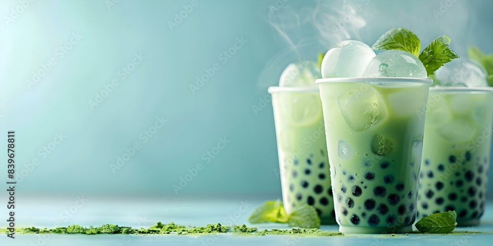 Ice cubes made of green matcha bubble tea in a cup against a blue ...