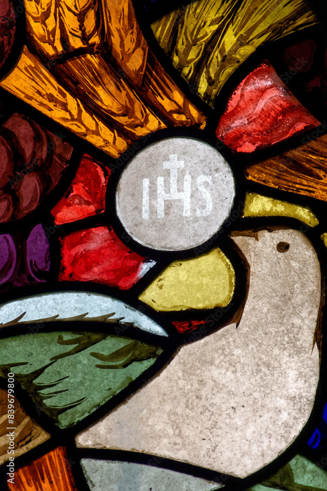 stained glass window depicting a dove of peace symbolizing the holy ...