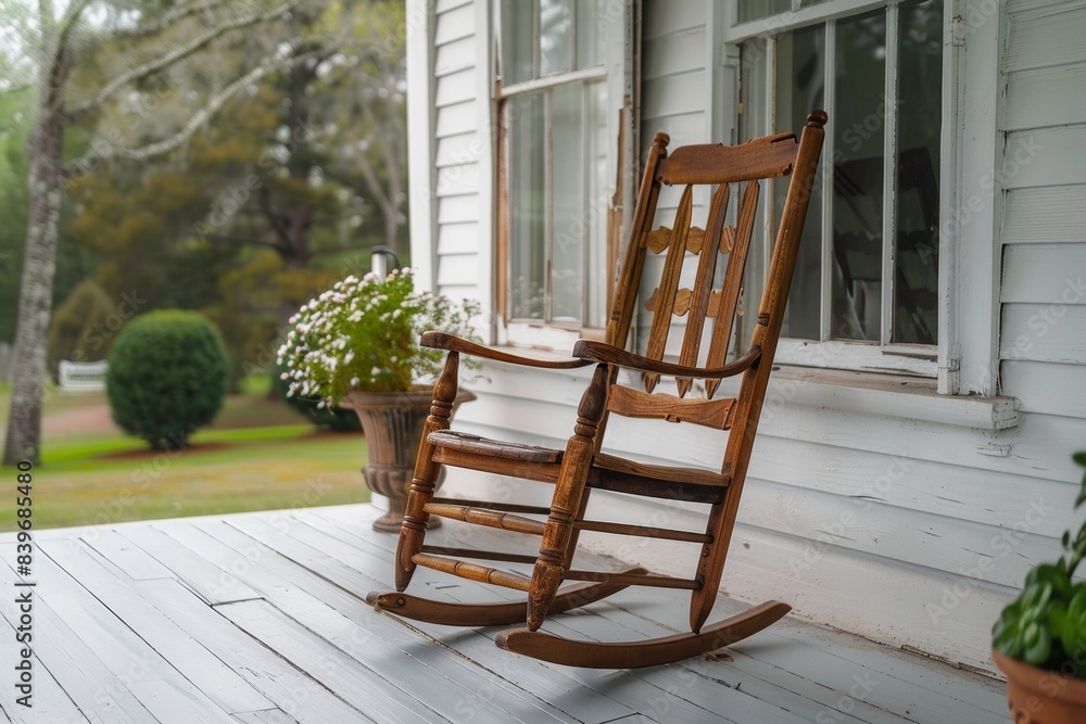 rustic farmhouse decor, a vintage wooden rocking chair on a farmhouse ...
