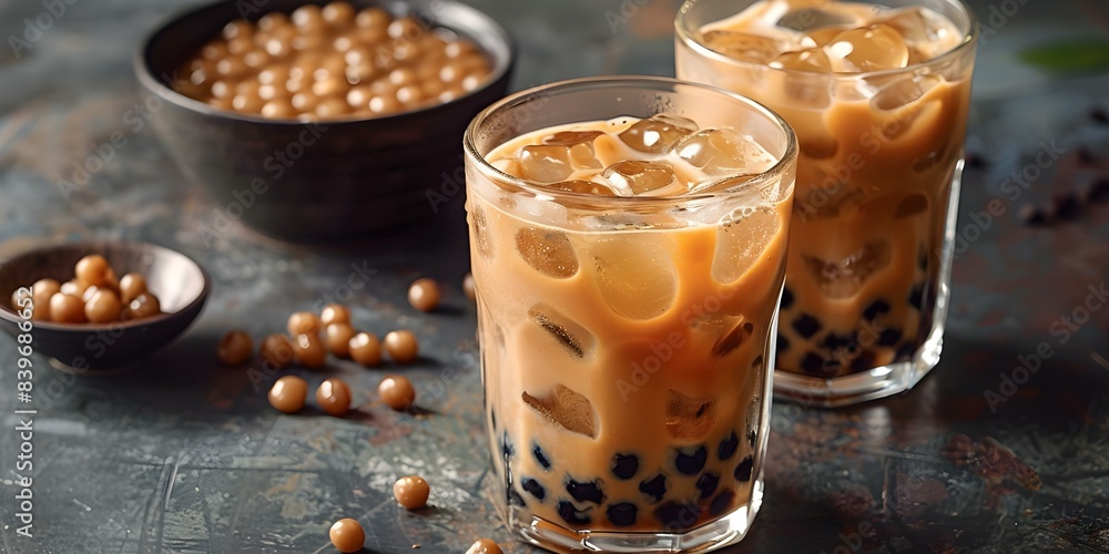 Delicious Taiwanese bubble tea with tapioca pearls served in a clear ...
