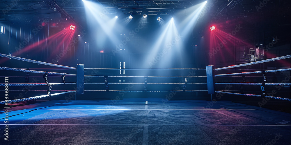 ภาพประกอบสต็อก Empty professional boxing ring in the dark, illuminated ...