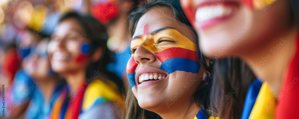 Happy Colombian female supporter with face painted in Colombian flag ...
