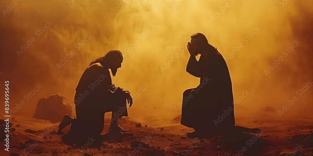 Digital depiction of Jesus being tempted by Satan in the Judean desert ...