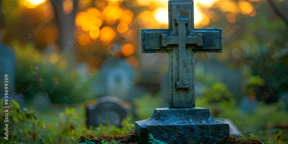 Catholic Cemetery Grave Marker Cross in Focus Against Softly Blurred ...