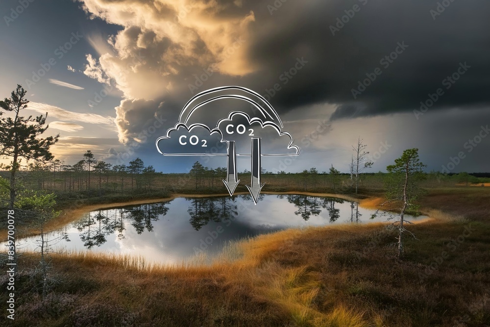 Bog pool, storm clouds. Carbon capture concept. The peat bog is a ...