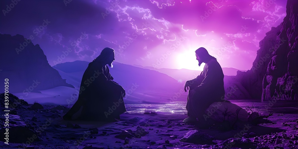 Temptation of Jesus by Satan in the Judean Desert A Digital Silhouette ...