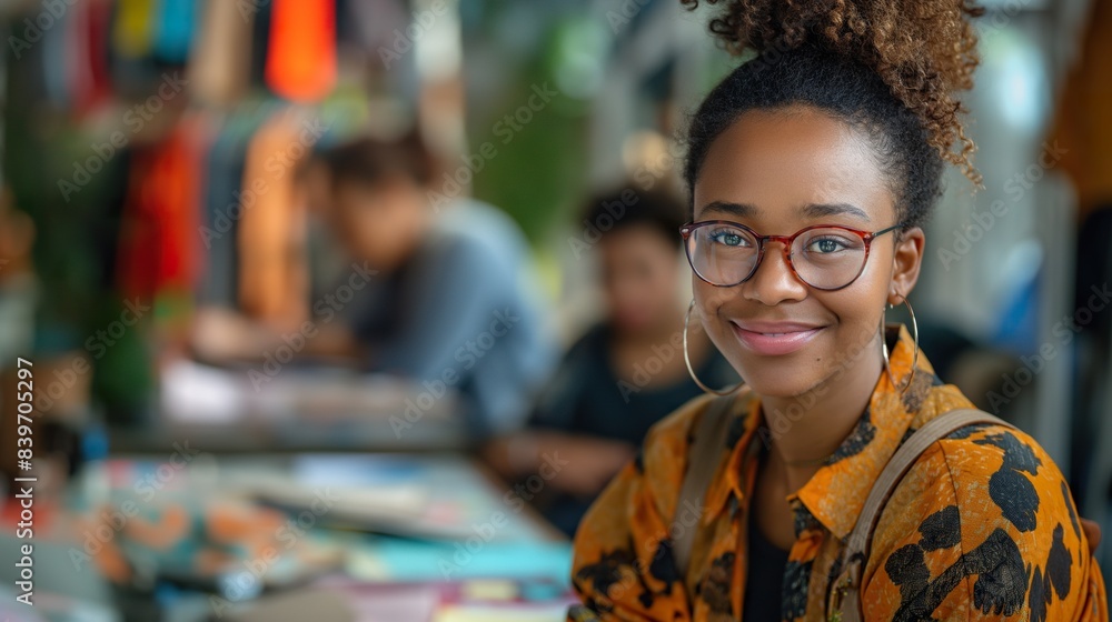 Diverse team in a colorful office with a rainbow flag, representing ...
