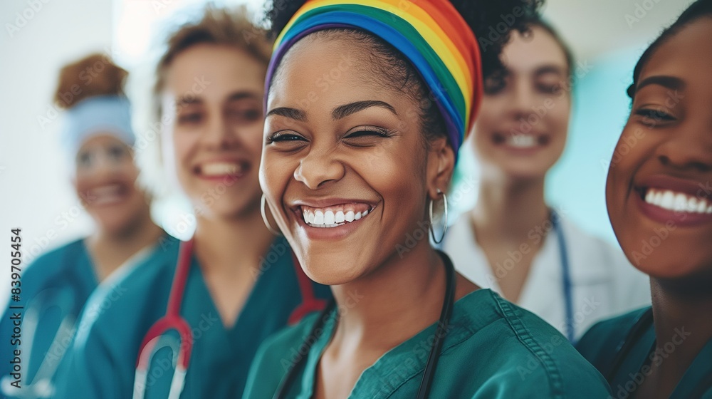 Smiling healthcare team in front of a rainbow flag, celebrating LGBTQ ...