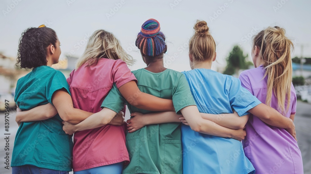 Healthcare professionals smiling in front of a rainbow flag ...