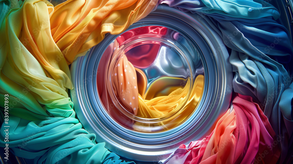 Colorful clothes spinning in the washing machine, creating a ...