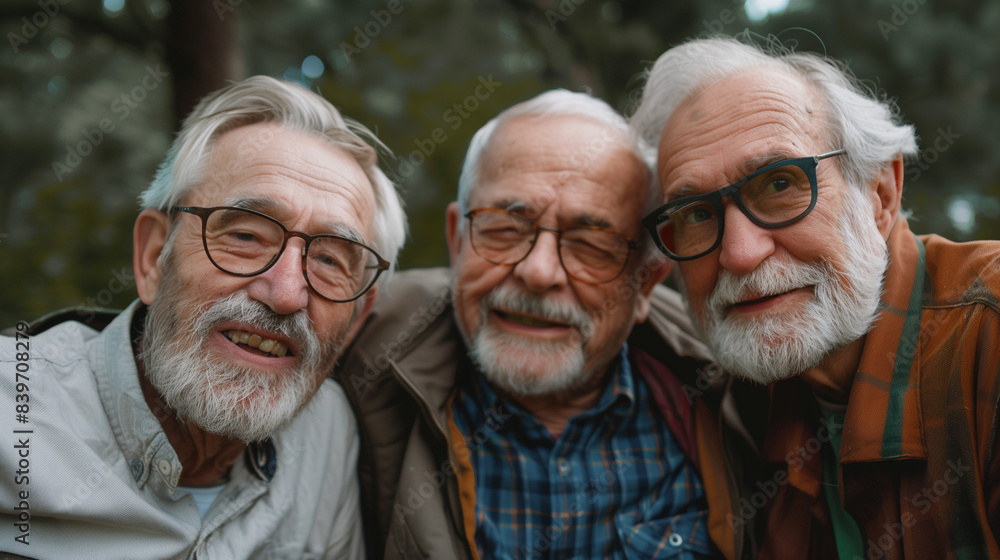 Smiling warmly into the camera, older men share a joyful moment of ...