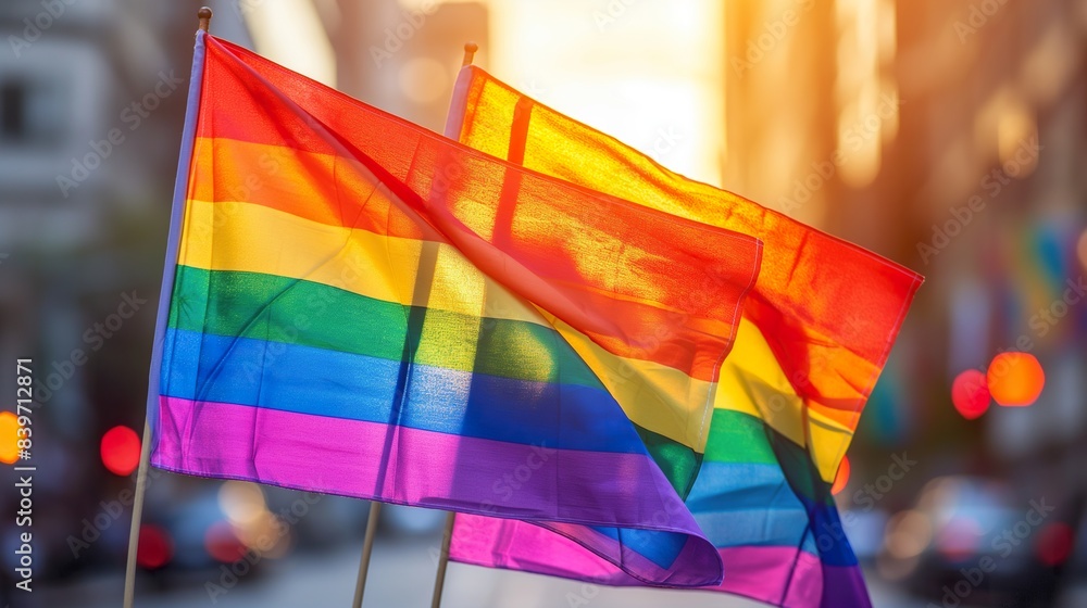 LGBTQ rainbow flag waving in the sun, representing pride, diversity ...