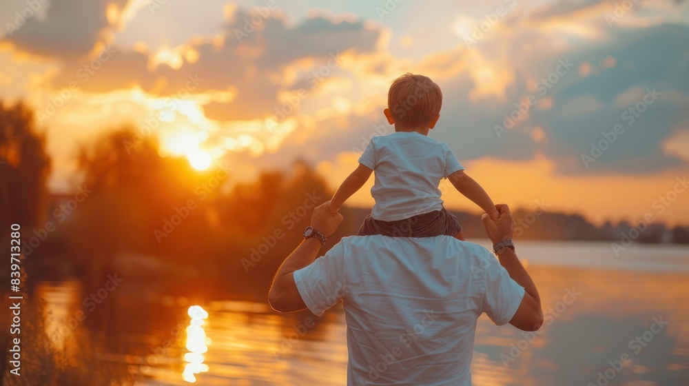 Fathers day. Back view of a little child boy sitting on his fathers ...