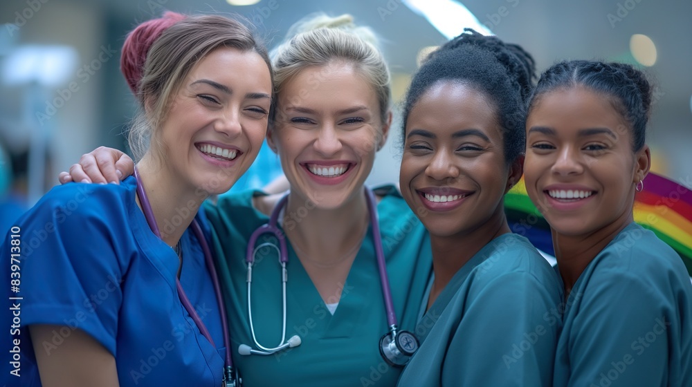 Group of diverse medical professionals in front of a rainbow flag ...
