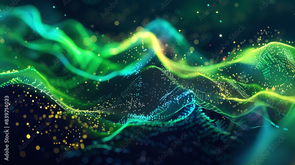 A sound wave pattern element emerges with vibrant green and blue ...