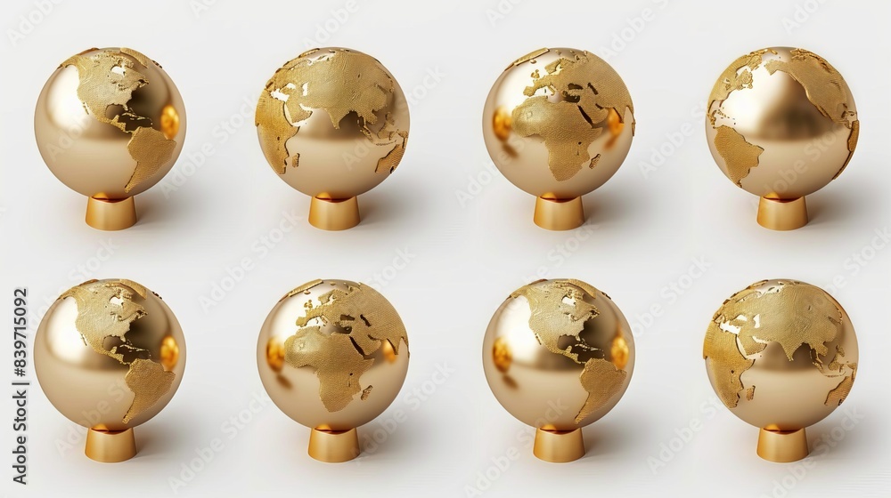 3D Gold Earth Globes collection in various views against a white ...