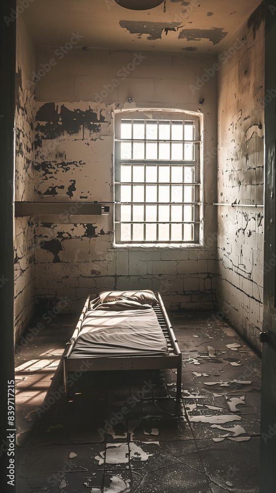 bed inside of a jail cell prison with meta bars on a window simple old ...