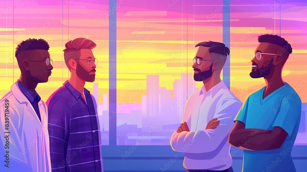 Diverse group of smiling healthcare professionals in front of a rainbow ...