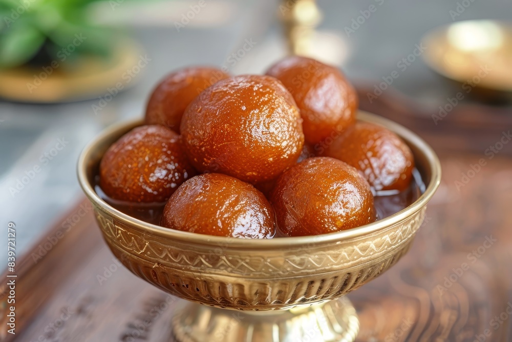 Golden bowl of Indian sweets like Gulab Jamun for various festivals ...